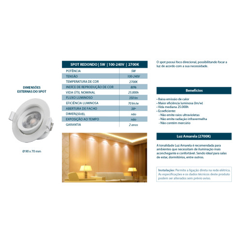 SPOT REDONDO 5W 3000K BIVOLT